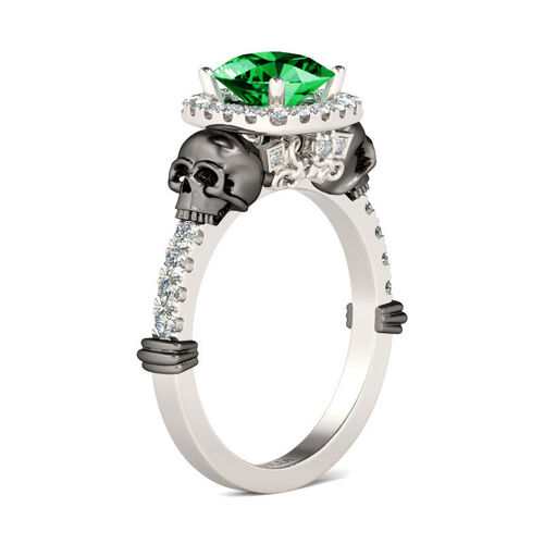 Halo Cushion Cut Emerald Sterling Silver Skull Ring - Jeulia Jewelry