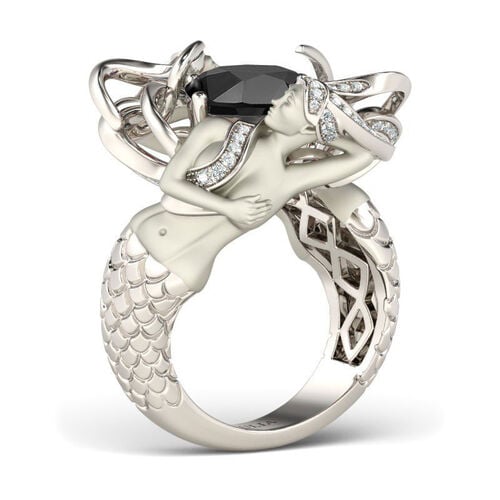 Jeulia Black Cushion Cut Sterling Silver Mermaid Ring - Jeulia Jewelry