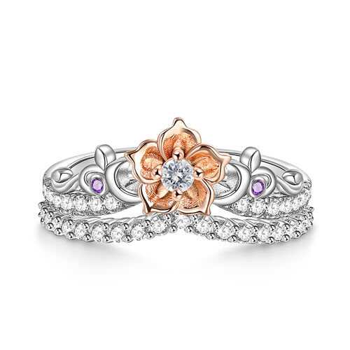 Jeulia Rose Gold Flower Promise Ring Set Two Tone Sterling Silver ...