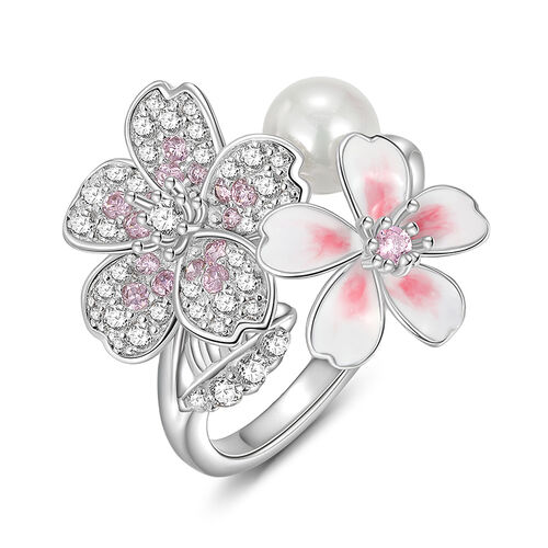 Jeulia Cherry Blossoms Gradient Pink Enamel Ring with Pearl - Jeulia Jewelry