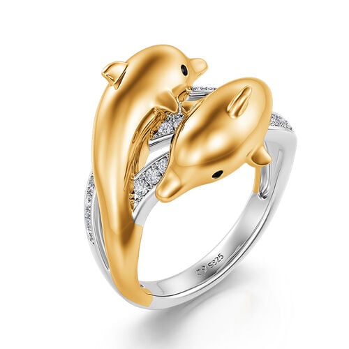 Jeulia "Golden Embrace" Two Dolphins Sterling Silver Ring - Jeulia Jewelry